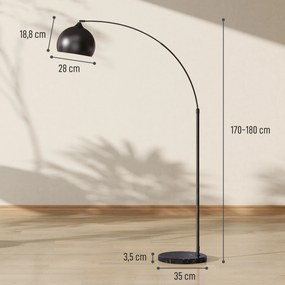 HOMCOM Oblouková lampa, stojací lampa, výškově nastavitelná, nožní vypínač, podstavec s efektem mramoru, 170-180cm, černá
