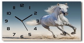 Wallmuralia Skleněné hodiny na stěnu Bílý kůň ve cvalu 60x30 cm