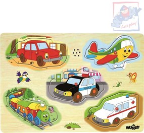 WOODY DŘEVO Puzzle muzikální dopravní prostředky zvukové set 5 dílků 90331