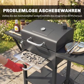 Outsunny gril na dřevěné uhlí s poklopem — BBQ vozík s 2 bočními stolky, velká grilovací plocha, teploměr a kolečka, 110 x 46,5 x 101 cm (černý)