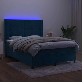 Box spring postel s matrací a LED tmavě modrá 140x200 cm samet 3139689
