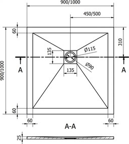 Mexen Stone+, čtvercová vanička z minerálního kompozitu 100 x 100 cm, bílá, černá krytka, 44101010-B