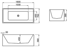 BPS-koupelny Volně stojící akrylátová vana HYD-SAN507B 160x75 bílá, odtokový komplet černý