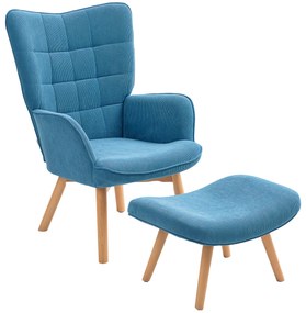 HOMCOM Křeslo s taburetem, křídlové křeslo s vysokým opěradlem, dřevěné nohy, lounge křeslo s čalouněným vzorem, manšestrový vzhled, do obývacího pok…