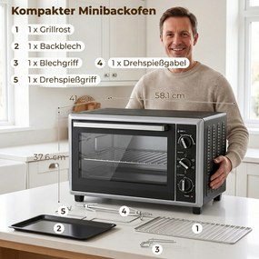 HOMCOM 46 L mini trouba s otočným špízem, ventilátorem, regulací teploty a časovačem, 1800 W, černá