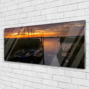 Plexisklo-obraz Loďky Moře Tráva Krajina 125x50 cm
