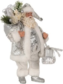 Dekorace Santa ve stříbrném obleku s pytlem dárků - 18*11*28 cm
