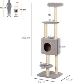 PawHut Kočičí škrabadlo výška 148 cm kočičí věž se sisalovými sloupy 3 platformami, domečkem a visící koulí šedá