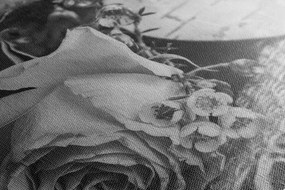 Obraz růže a srdíčko v jutě v černobílém provedení Varianta: 120x80