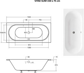 Besco VITAE SLIM 150 x 75 cm VANVITAE150SLIM+OLVPINOZ vana vč. nožiček