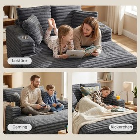 HOMCOM rozkládací pohovka pro 2 osoby s chaise, šedý kordurový potah, polštářky, područky s držáky na nápoje – 134 × 151 × 89 cm