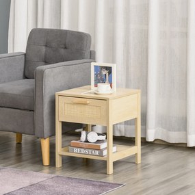 HOMCOM Noční stolek s ratanovou zásuvkou a dolní policí, nosnost 40 kg, pro ložnici a obývací pokoj, 40x40x48 cm, přírodní dřevo