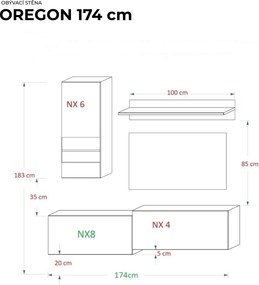 Ral Obývací stěna OREGON 4, 174 cm - Černý lesk