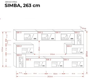 Ral Obývací stěna SIMBA 9, 263 cm - Bílo/černý lesk