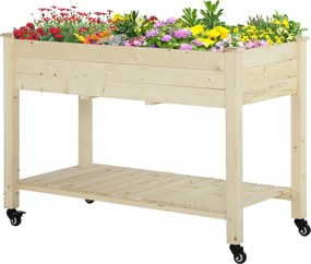 Outsunny Zvednutý městský zahradní stůl 118x55x83 cm Dřevěné zvýšené lůžko se policí Geotextilní látka Kola s brzdami Přenosné pro zahradničení na te…