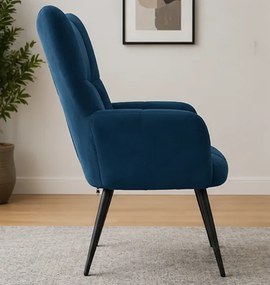 křeslo relaxační, s podnožkou, odpočinkové, ušák, kov/samet, 98x63x69 cm, černá/modrá, Dekorino KR20260022