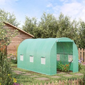 Skleník Outsunny 395x195x190 cm – fóliový skleník s dveřmi a 6 okny, stabilní skleník z pozinkované oceli a PE, včetně kotvících kolíků a šňůr | Aosom