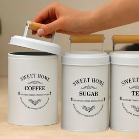 CONFORTIME Sada 3ks plechových dóz SWEET HOME na čaj, kávu a cukr, víčko s dřevěným madlem