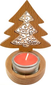 AMADEA Dřevěný svícen stromek s vkladem - ornament, masivní dřevo, výška 10 cm