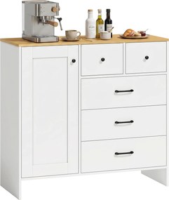 HOMCOM kuchyňský bufet, úložný nábytek s 5 zásuvkami a dvířky, rustikální styl, 100 x 40 x 94 cm, bílý