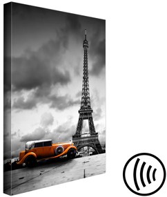 Obraz Autem po Paříži (1-dílný) - oranžové auto ve městě
