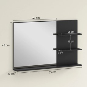 Zrcadlo do koupelny kleankin s 2 bočními policemi a spodní policí, nástěnné zrcadlo z MDF a skla, 75x10x48 cm, černé