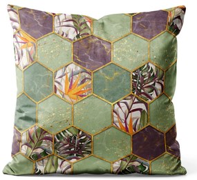 Dekorační velurový polštář Zahalené keře - pestrobarevný motiv s kompozicí šestiúhelníků
