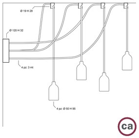 creative cables Závěsná lampa Spider se 4 světly, textilním kabelem a dřevěnou úpravou Barva: Efekt wenge