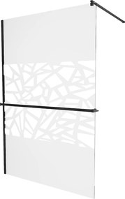Mexen Kioto+, sprchová zástěna s poličkou a držákem na ručníky 140 x 200 cm, 8mm čiré sklo vzor bílý, černý profil, 800-130-121-70-85