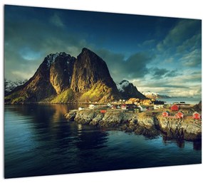 Skleněný obraz rybářské vesnice v Norsku (70x50 cm)