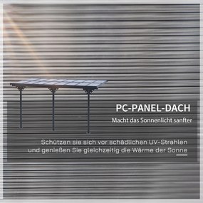 Hliníková pergola ke zdi 4,35 × 3,02 m, zastřešení terasy s polykarbonátovou střechou, výškově nastavitelná, šedá
