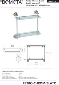 Bemeta Design RETRO gold-chrom: Polička, 400 mm, dvojitá, sklo -