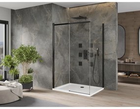 Mexen Omega, sprchový kout s posuvnými dveřmi 100 (dveře) x 70 (stěna) cm, 8mm čiré sklo, černý profil + slim sprchová vanička bílá s černým sifonem, 825-100-070-70-00-4010B