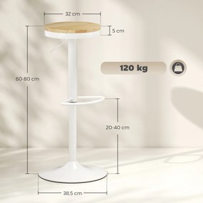 HOMCOM sada 2 nastavitelných barových stoliček s 360° otočným sedákem – přírodní dřevo, bílý ocelový rám