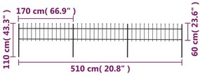 Zahradní plot s hroty ocelový 5,1 x 0,6 m černý