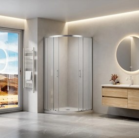 Erga Peoria, čtvrtkruhový sprchový kout s posuvnými dveřmi 90(dveře) x 90(stěna) x 190 cm, 6mm čiré sklo, chromový profil, ERG-Q02-PEORIA-D090D090-CL-CR
