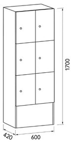Dřevěná odkládací skříňka S5 s úložnými boxy, 6 boxů, 1700 x 600 x 420 mm, cylindrický zámek, ořech