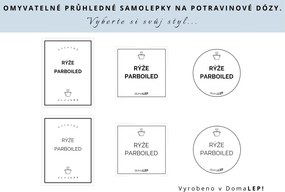 RÝŽE PARBOILED - omyvatelná samolepka na dózu, výběr rozměrů Ø 5 cm / 5 x 5 cm / 6 x 8 cm | DomaLEP tvar: KOLEČKO, barva: PRŮHLEDNÁ - ČERNÉ písmo, velikost: Ø 5 cm - tučné písmo