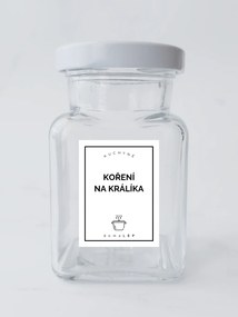 Samolepka na kořenky KOŘENÍ NA KRÁLÍKA bílá 3 × 4 cm tučné písmo