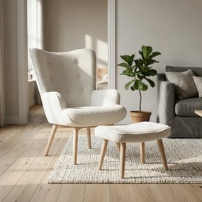 Relaxační křeslo ušák s podnožkou RENI - bílá látka bouclé