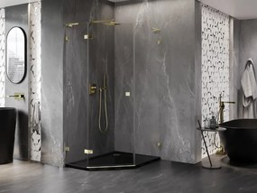 Mexen Lunar, L pětiúhelníkový sprchový kout naklápěcí doleva 80 x 100 cm, 8mm čiré sklo, zlatý profil, 831L-080L-100P-50-00-L