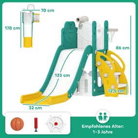dětská skluzavka 5 v 1, teleskopická, basketbalový koš, plast, žlutá+zelená