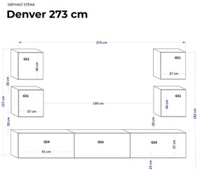Ral Obývací stěna DENVER 3, 273 cm - Bílý lesk