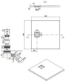 Cersanit Tako Slim, čtvercová akrylátová sprchová vanička 80x80x4 cm + černý sifon, černá, S932-165