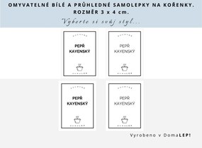 PEPŘ KAYENSKÝ - Samolepka na kořenky 3 x 4 cm - DomaLEP varianta: PRŮHLEDNÁ - tučné písmo