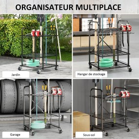 Organizér na zahradní nářadí Outsunny s 9 háčky, držák na 40 nástrojů, kovový regál na kolečkách do garáže pro nůžky, lopaty, hrábě, černý