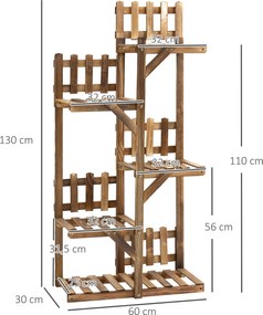 Dřevěný květinový regál Outsunny s 5 policemi - stojan na květináče, ornament s malými zábranami 60 x 30 x 130 cm z karbonizovaného borového dřeva pro