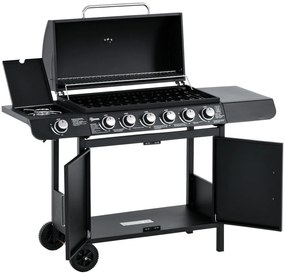 Outsunny plynový gril BBQ grilovací vozík se 6 hořáky 1 boční hořák Skříňka Multifunkční kovová černá 135 x 50 x 100 cm | Aosom