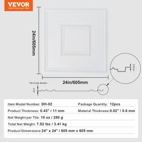 Stropní dlaždice 12-balení 24 × 24 V PVC Snadná instalace Bílá geometrická