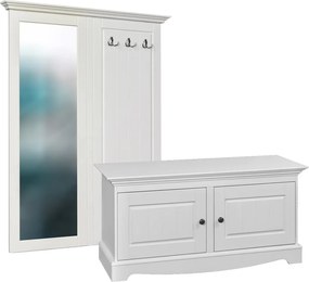 Bílý nábytek Věšáková stěna Belluno Elegante se zrcadlem a komodou, bílá, masiv, borovice